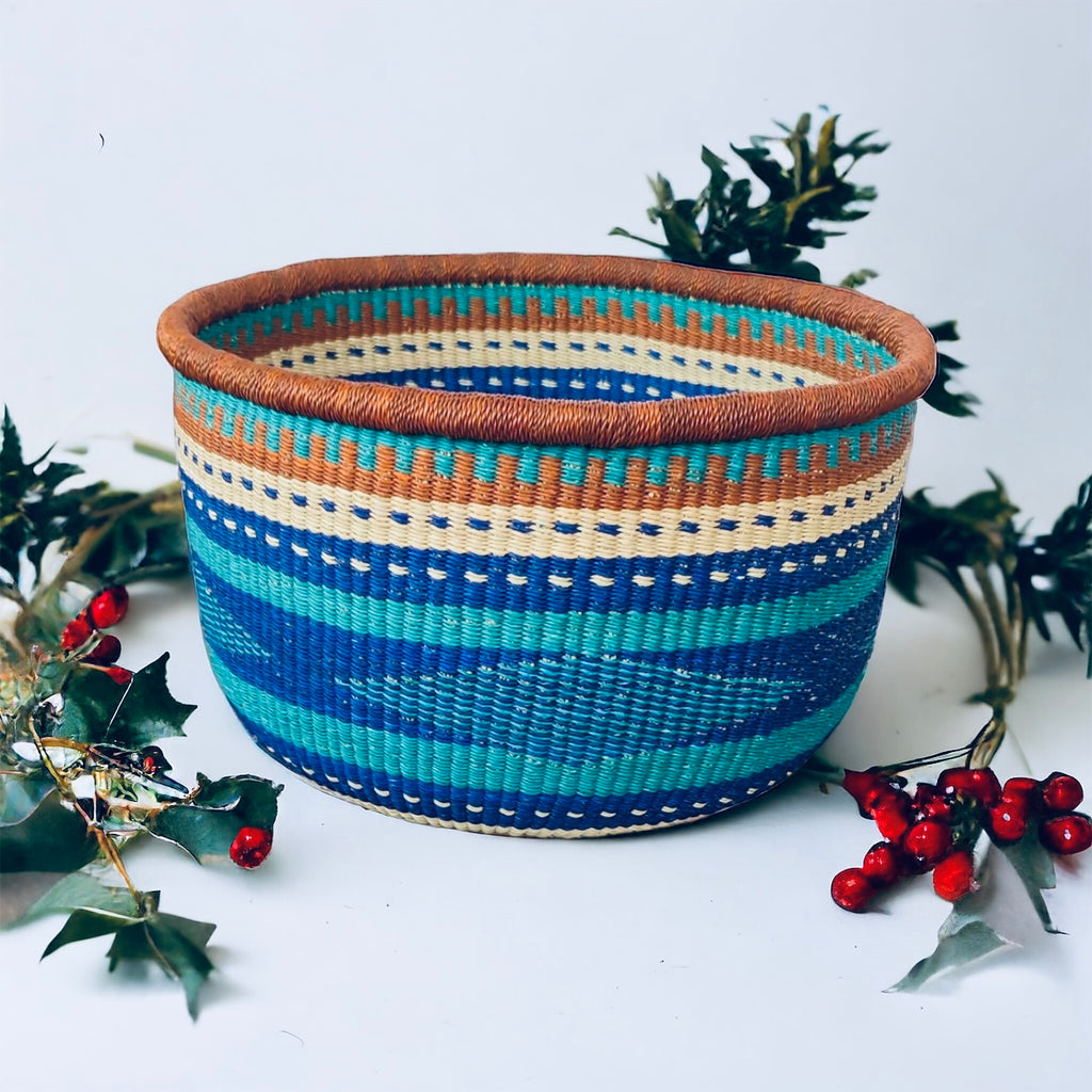 African Round Storage Bolga Ghana Woven Basket -Large Blue No Handles ...